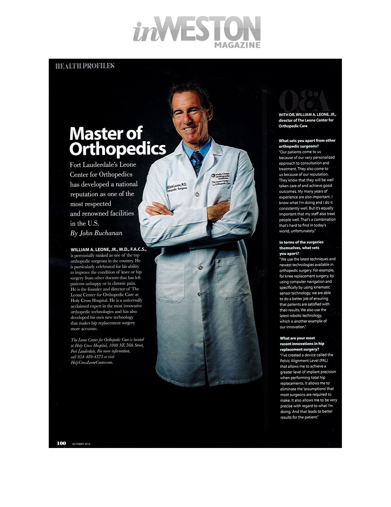 In Weston Magazine: Master of Orthopedics - The Leone Center for ...
